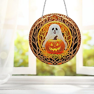 LUSandy DIY 5D Halloween Ghost Pumpkin Diamond Painting Kits Hanging Sign Wall Art Sign Pumpkin Diamond Art Suncatcher Window Hanging Ornament Window Pendants for Adults Home Garden Wall Door