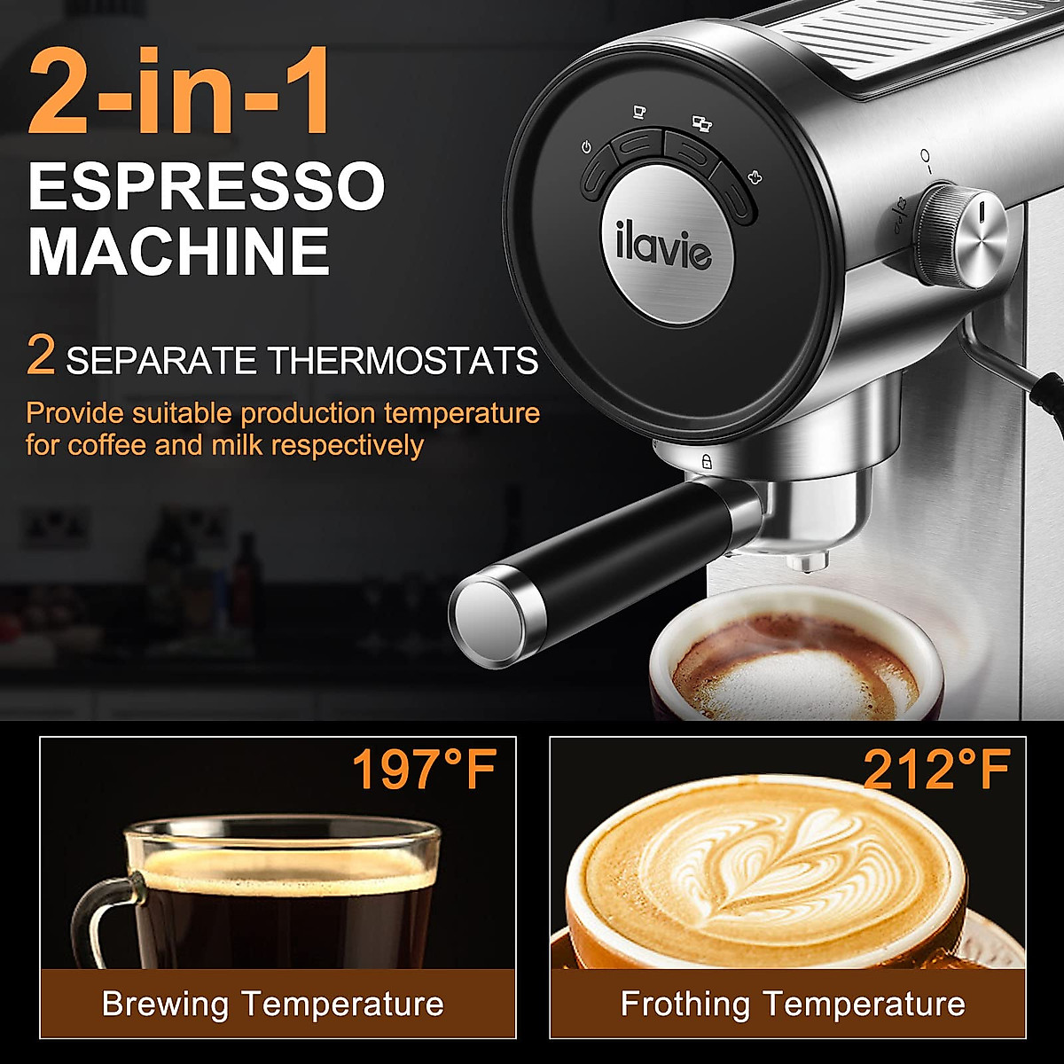 ILAVIE Espresso Machine with Steamer, 20Bar Espresso Coffee Machine with 30 oz Removable Tank for Cappuccino, latte, Compact Espresso Maker for Home Office, 1250W