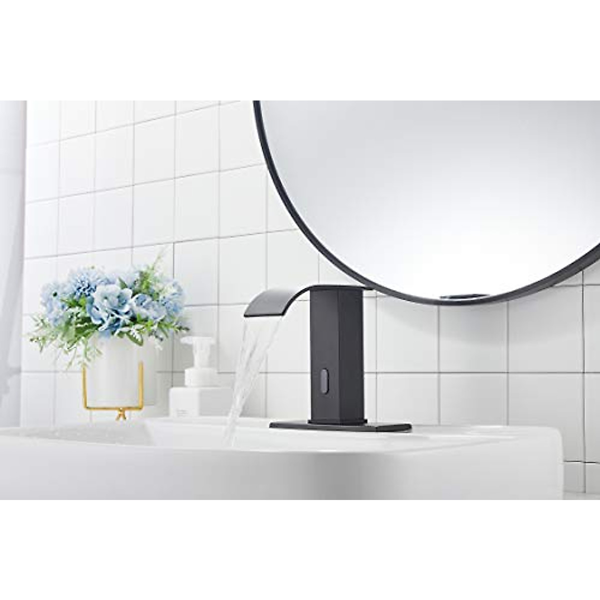 GGStudy Automatic Sensor Matte Black Touchless Bathroom Sink Faucet with Hole Cover Plate Vanity Faucets Hands Free Waterfall Bathroom Water Tap with Control Box and Temperature Mixer