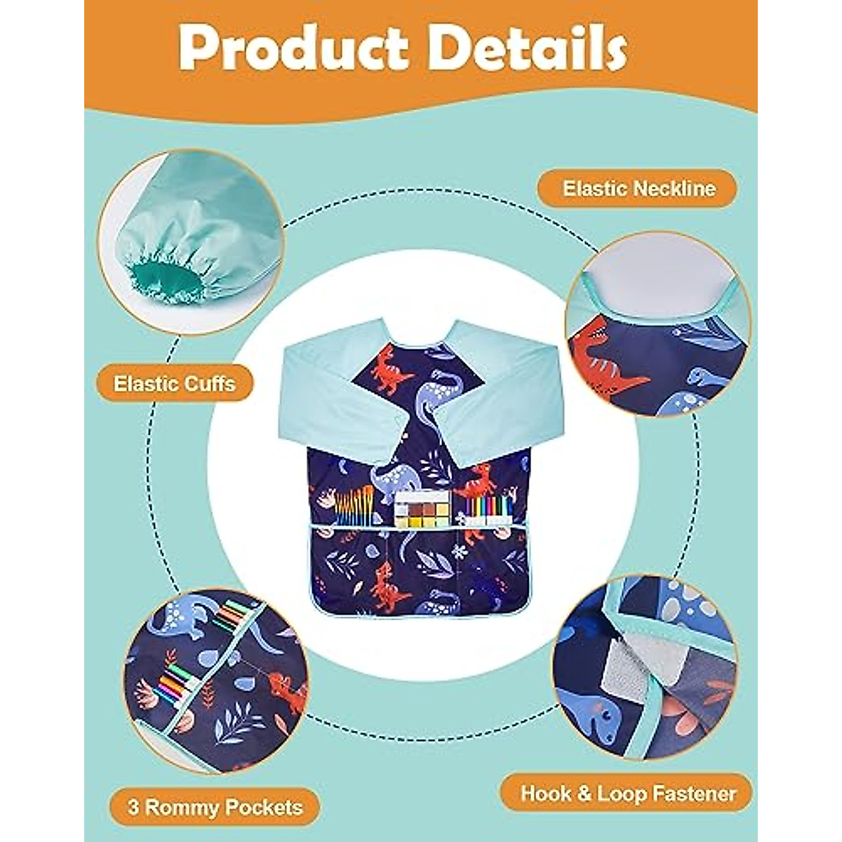 Lictin 2 Pack Kids Art Smocks, Toddler Smock, Waterproof Artist Painting Aprons for Children, with Long Sleeve and 3 Pockets for Age 3-8 Years