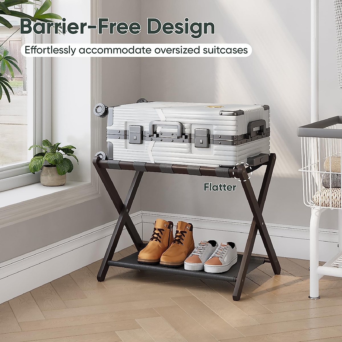 Smart FENDEE 2 Pack Luggage Rack, Folding Luggage Rack for Guest Room, Brown Bamboo Suitcase Stand Holds up to 131 lb, Luggage Stand with Storage Shelf for Hotel, Bedroom