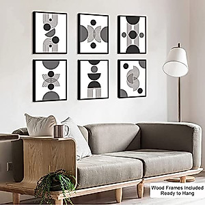 FRAMED Abstract Wall Art, Modern Boho Black and White and Gray Canvas Wall art, Neutral Abstract Geometric Wall Decor for Living Room Bedroom Bathroom Office, Ready to Hang (Set of 6, 8x10 Inch, Framed)