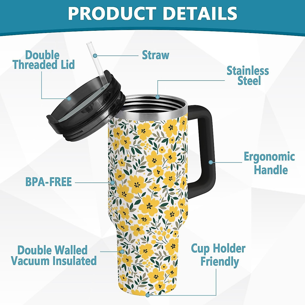 Yasala Car Tumbler with Handle Spring Yellow Flower Cute Travel Mug Coffee Cup Insulated Beverage Container Mega Cup for Hot Cold Drinking Thermos Water Bottle Cupholder Friendly 40 oz