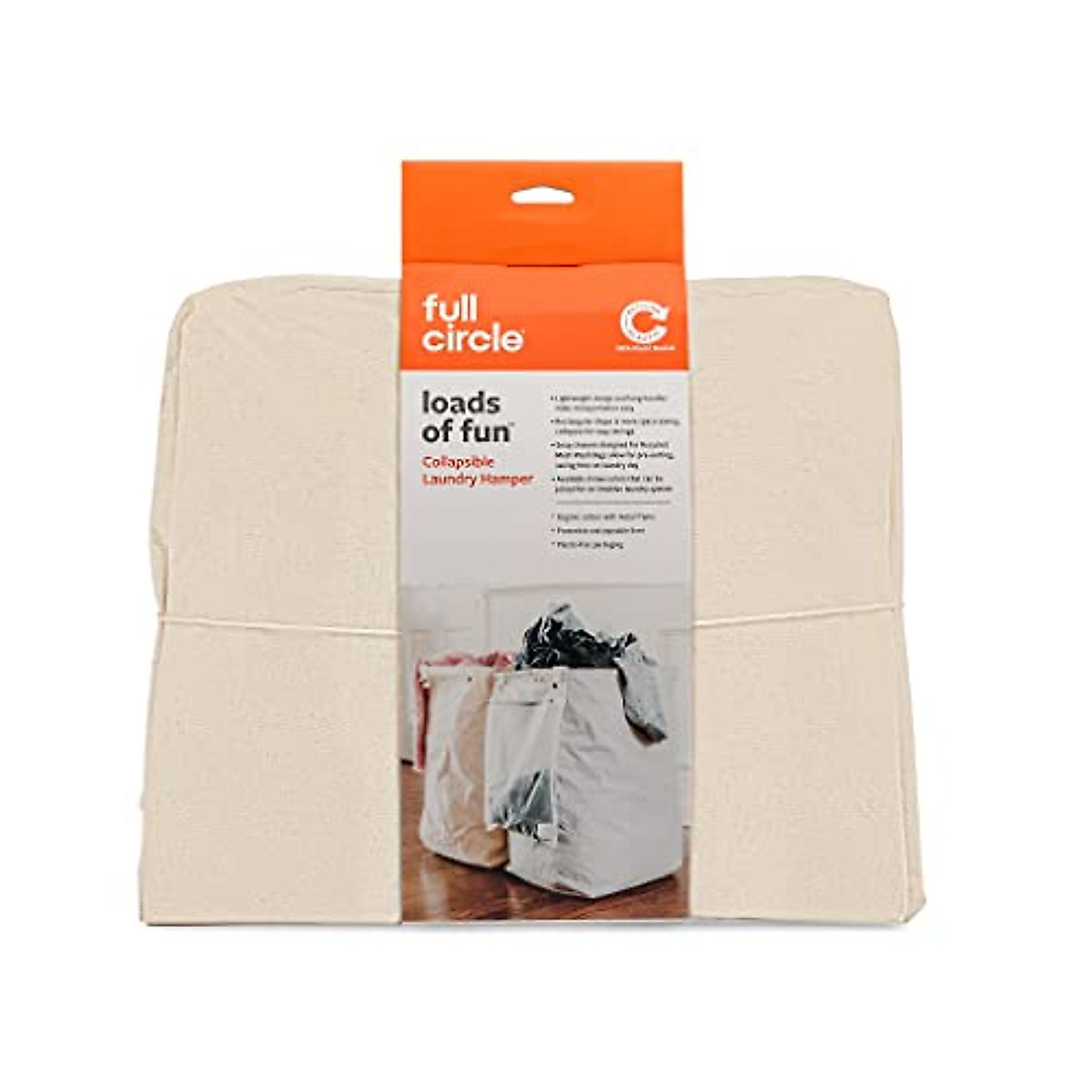 Full Circle Loads of Fun Collapsible Hamper – Laundry Basket for Dirty Clothes & Towels– Tall Standing Organic Cotton Laundry Bag with Long Handles - Ideal for Bathroom, Bedroom or Kids’ Room, Natural