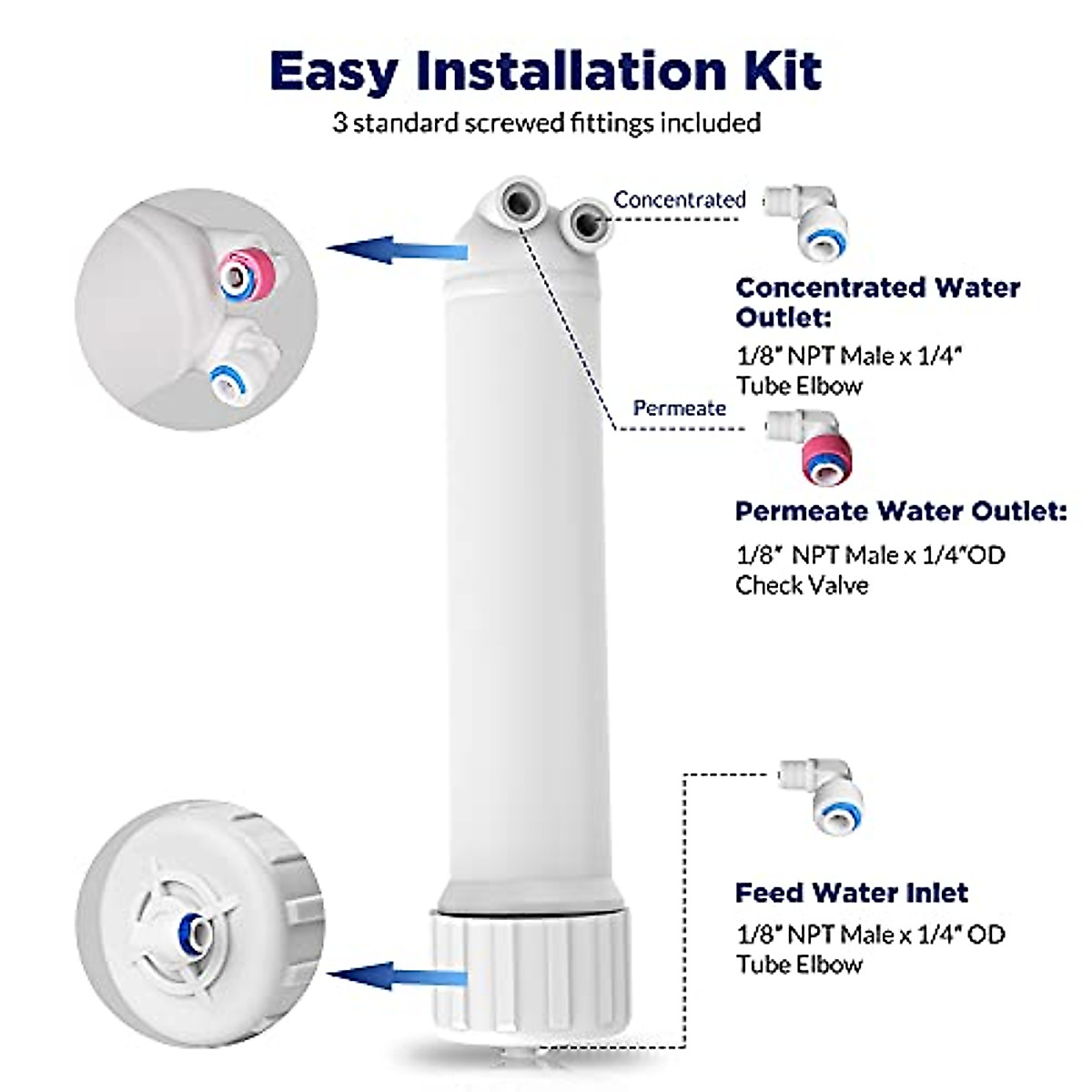 Membrane Solutions 100 GPD RO Membrane, Reverse Osmosis Membrane with Membrane Housing, Replacement for Under Sink Home Drinking RO Water Filter System, Wrench,1/4" Quick-Connect Fittings,Check Valve