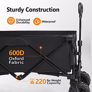 VINGLI Collapsible Wagons Carts, Heavy Duty Foldable Utility Garden Grocery Shopping Cart with Big All-Terrain Beach Wheels & Drink Holders with 220lbs Weight Capacity (Black)