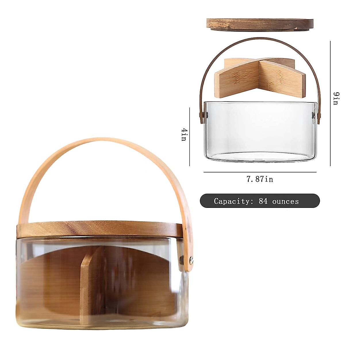 Funnyroom Clear Glass Fruit Serving Bowl, Nuts Dry Fruit Snack Tray with Wood Divider and Lid, Berry Vegetables Basket with Handle for Kitchen Fridge Storage Containers (Glass Basket-Large)