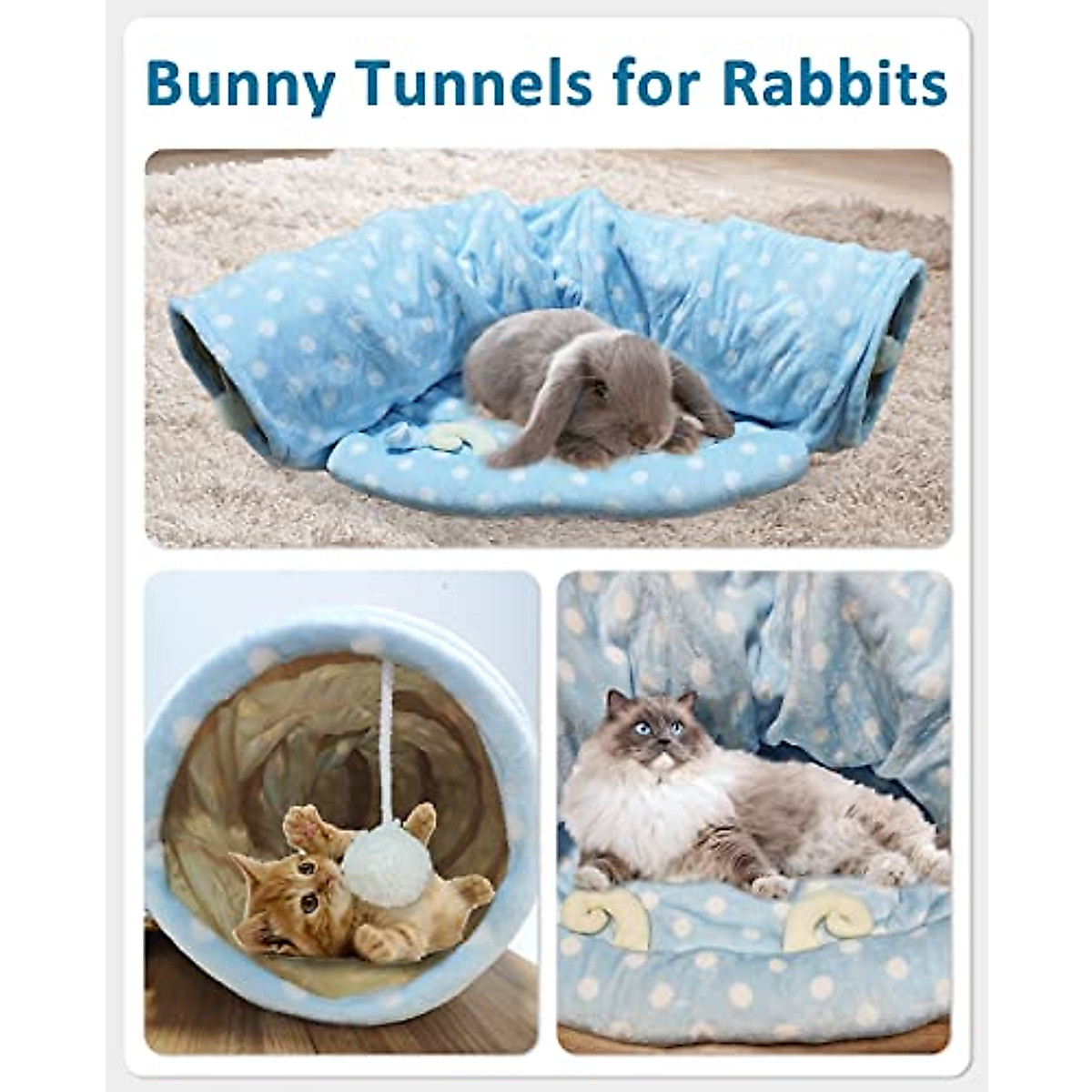 BNOSDM 2-in-1 Rabbit Tunnel Bed for Bunnies Tube Collapsible Removeable Mat Rabbits Tunnels Tubes Toys Small Animal Hideout for Pet Kittens Chinchilla Ferrets Guinea Pigs Hamster Blue