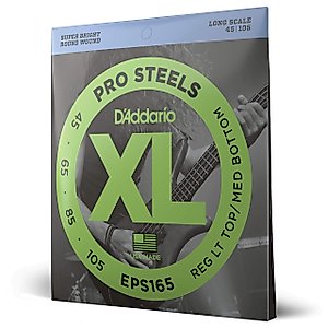 D'Addario XL ProSteels Bass Guitar Strings - EPS165 - Long Scale - Regular Light Top/Medium Bottom, 45-105