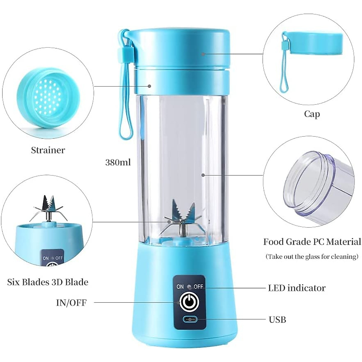 Portable Blender Mixer,Personal Juicer,Smoothies and Shakes Blender,HandCup Fruit Machine Blender 380 ML (Blue, Pink, Purple & Pink Color available) (Blue)