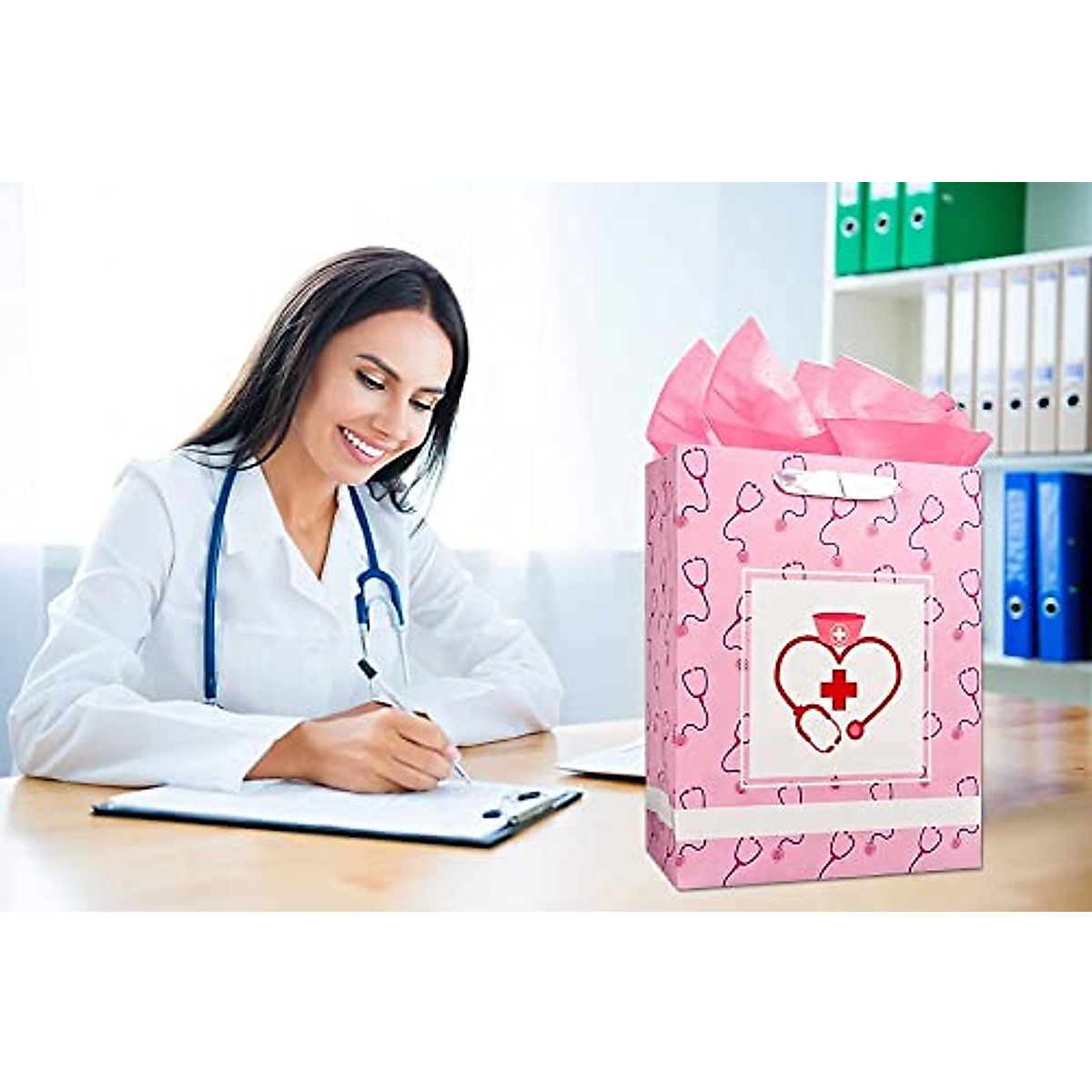SICOHOME Nurse Gift Bag 13" Graduation Gift Bag with Tissue Paper and Greeting Card for Nurse Gifts for Women for Nurse Doctor Large Graduation Gift Bag with Nursing School Grads Medical School Graduate,Social Worker