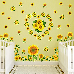 Sunflower Wall Sticker Yellow Daisy Flowers Wall Decals 3D Floral Decals DIY Removable Sunflower Green Leaves Wall Art Decor for Kids Room Living Room Bedroom Nursery Stickers Decoration