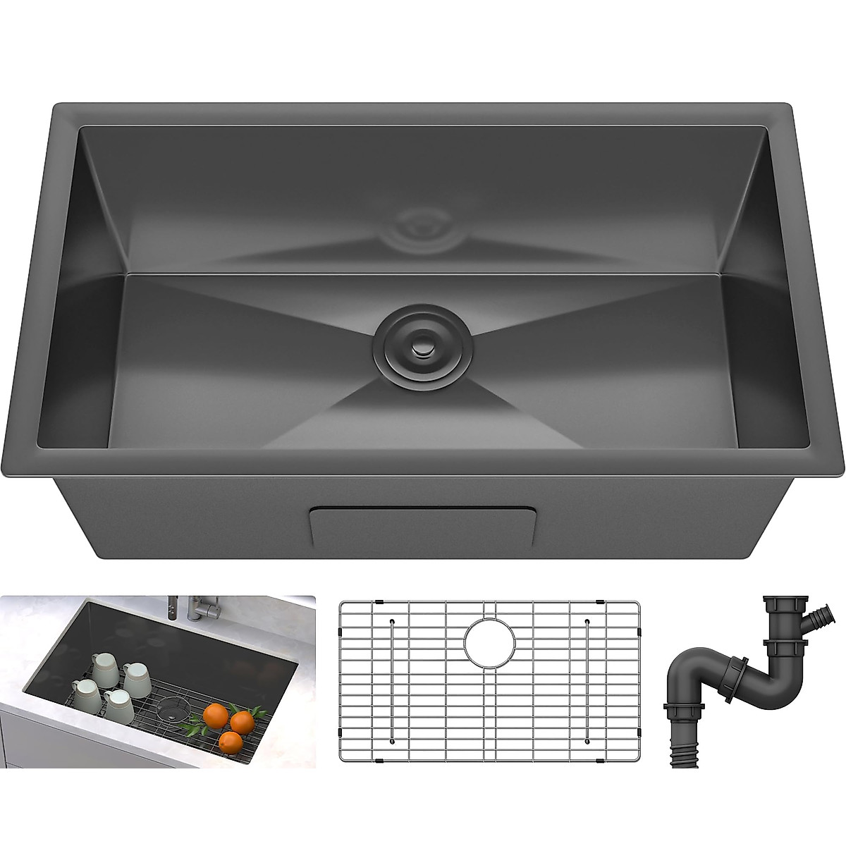 YITAHOME Black Kitchen Sink 30in Undermount Sink Single Bowl 16 Gauge Stainless Steel Nano Gunmetal Black Sink with Accessories for Workstation, Prep Kitchen, Bar Sink