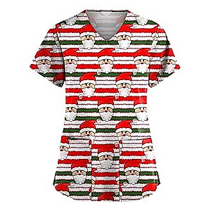 Working Uniform T-Shirt for Womens Solid Scrub Top Ladies Short Sleeve V-Neck Tops Tee Blouse with Pockets Red