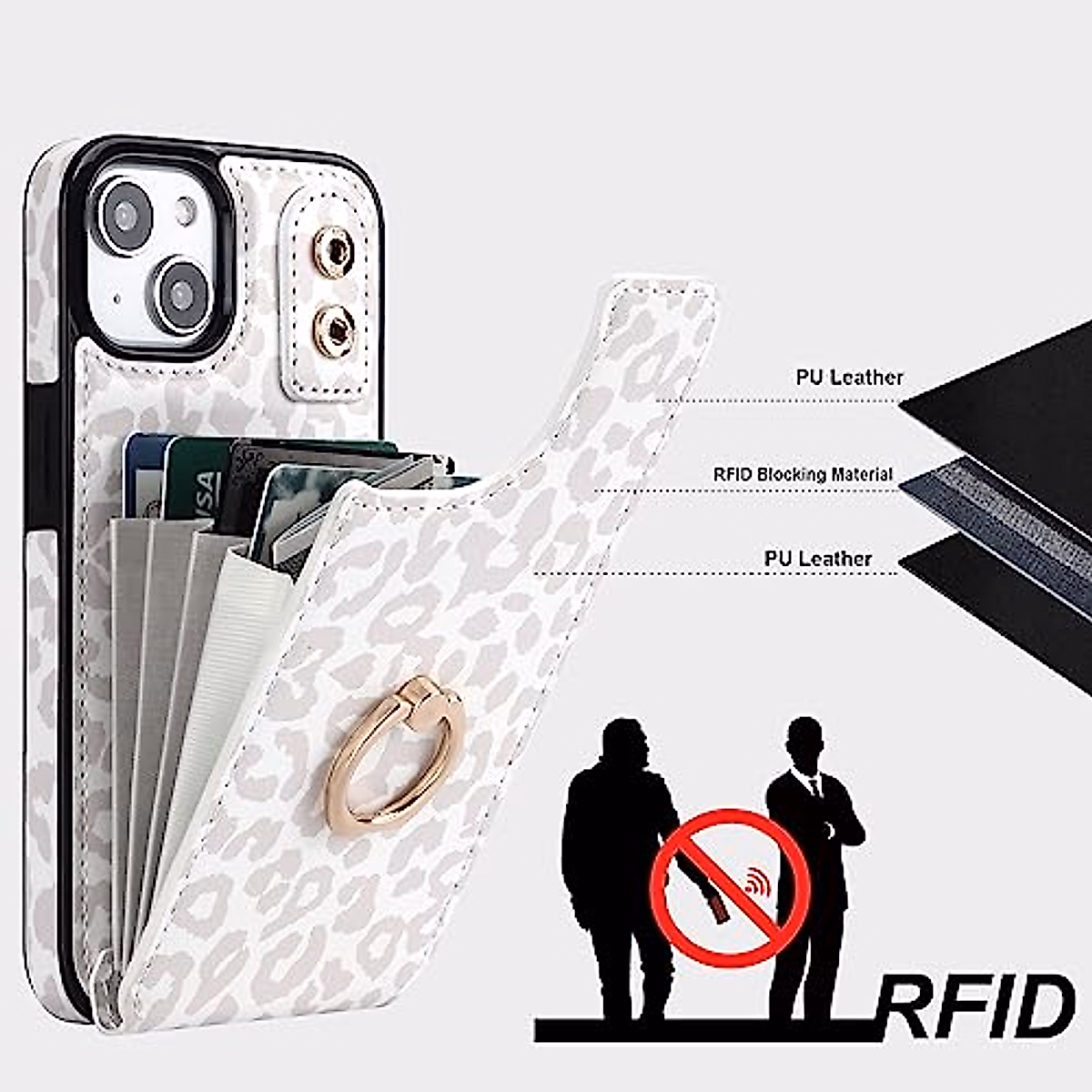 HAOPINSH for iPhone 13/ iPhone 14 Wallet Case with Card Holder, 360°Rotation Ring Kickstand, White Leopard Cheetah Pattern, RFID Blocking Leather for Girls Women, Double Buttons Flip Protective 6.1"