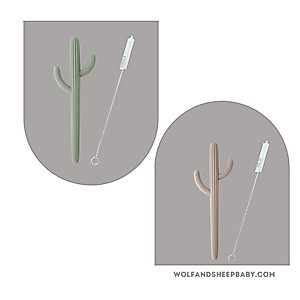 Hollow Teething Tube, Silicone teether, Ages 0+ BPA Free with Cleaning Brush, Teething Straws for Babies, freezable Baby teether, Teething Sticks for Babies(1 Pack) (Sahara) Wolf+Sheep