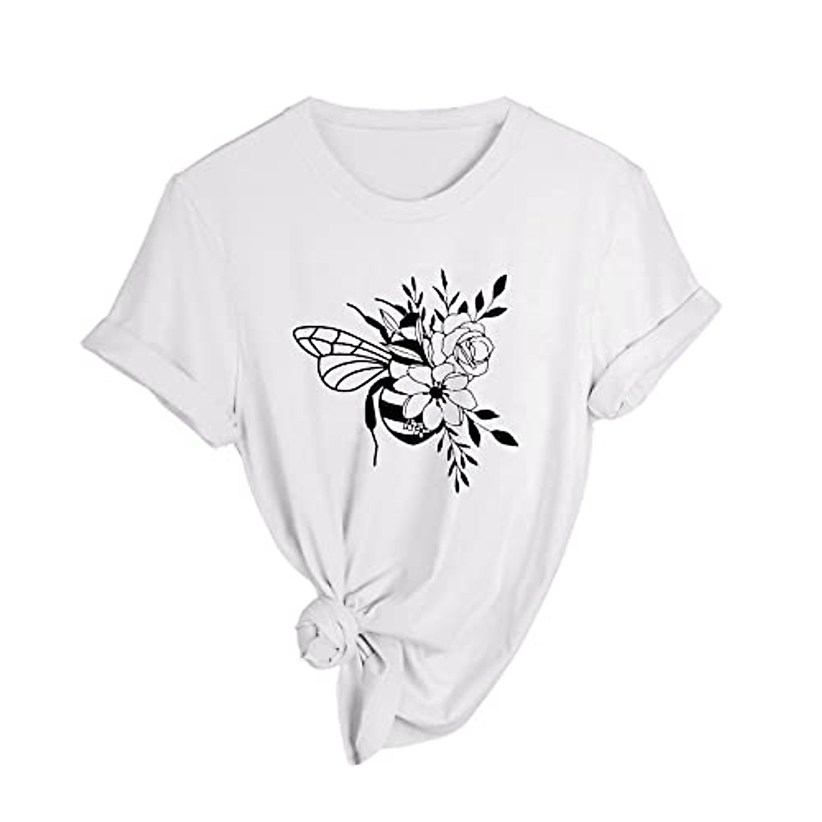 Womens Spring Summer Bees Printed Short Sleeve O Neck T Shirt Top White