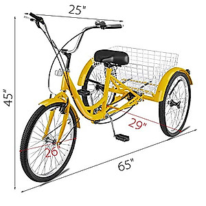 Happybuy 20/24/26 inch Adult Tricycle 1/7 Speed 3 Wheel Bike Adult Tricycle Trike Cruise Bike Large Size Basket for Recreation Shopping (Yellow, 26 Inch / 7 Speed)