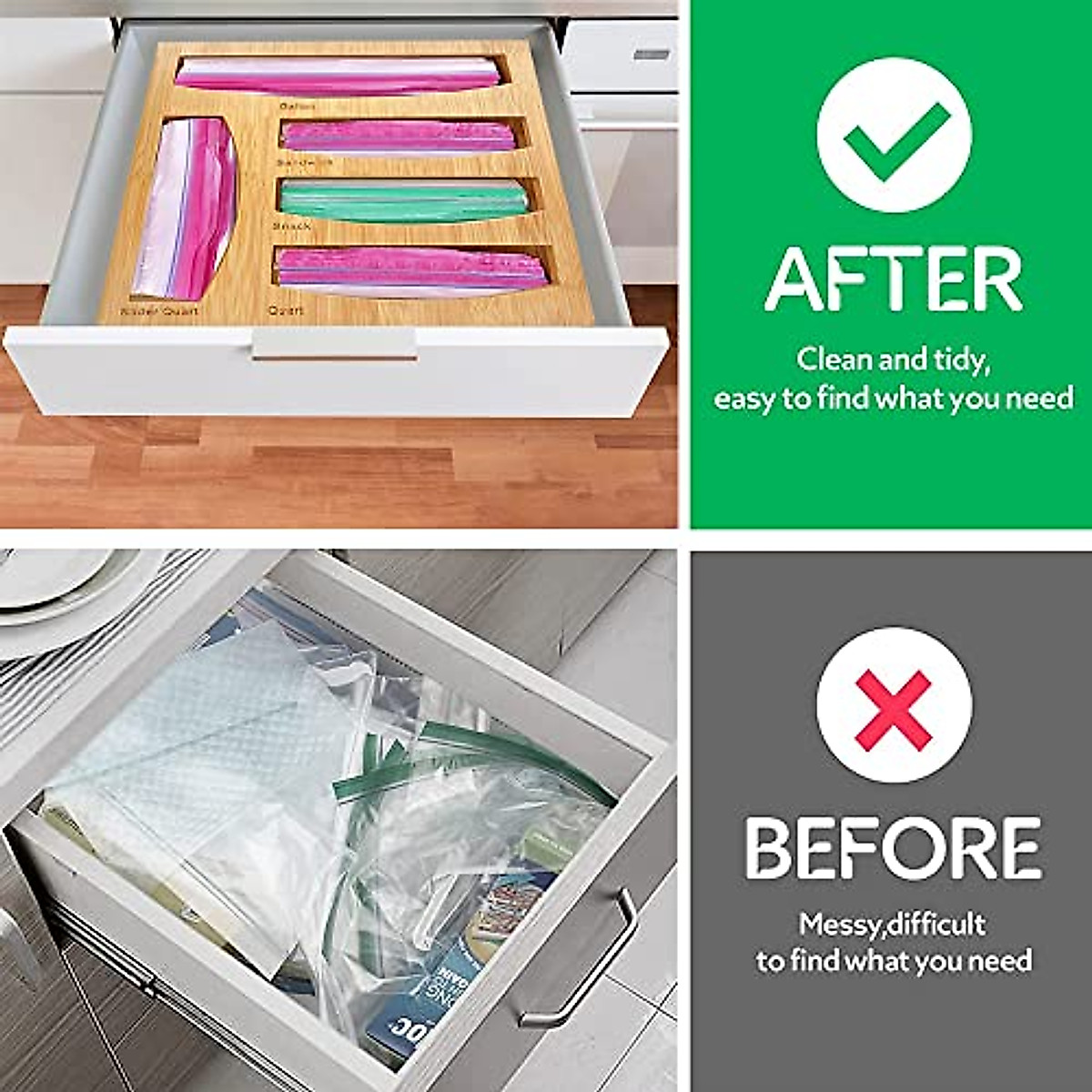 Gelmaza Bamboo Ziplock Bag Organizer for Kitchen Drawer, Food Storage Baggie Organizer Wall Mount, Sandwich Snack Bag Organizer, Plastic Bag Organizer Holder For Gallon, Quart, Sandwich, Snack