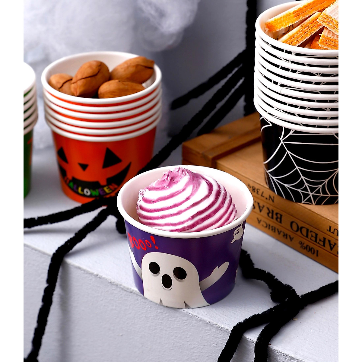 Winoo Design Halloween Treat Cups Disposable - 40 PK - 8oz Ice Cream Paper Cups Party Cups for Halloween Party Supplies Halloween Decoration Decor Tableware