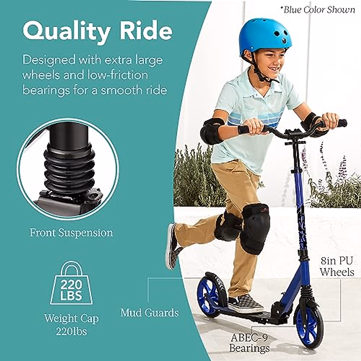 Best Choice Products Kids Height Adjustable Kick Scooter for Ages 8+, Teen, Adult, Outdoor Play w/Carrying Strap, Non-Slip Deck, Kickstand, Mud Guards, 220lb Capacity - Black