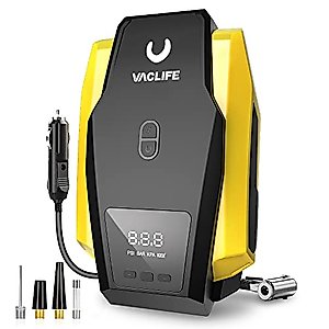 VacLife Tire Inflator Portable Air Compressor - Air Pump for Car Tires (up to 50 PSI), 12V DC Tire Pump for Bikes (up to 150 PSI) w/ LED Light, Digital Pressure Gauge, Model: ATJ-1166, Yellow (VL701)