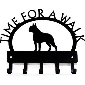 The Metal Peddler Boston Terrier Time for a Walk Dog Leash Hanger & Key Holder - Made in USA; Wall Mounted Holder