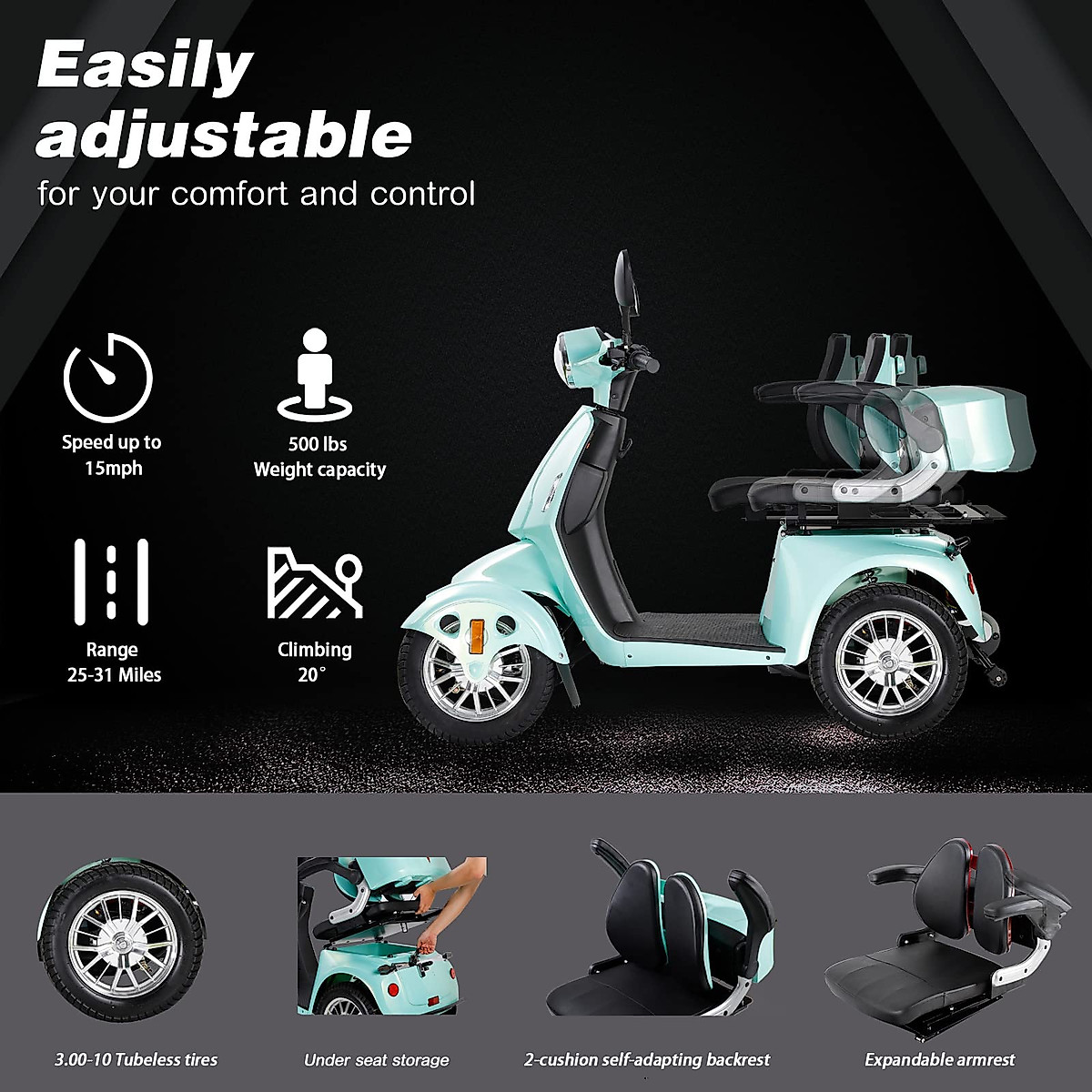 Mobility Scooters for Seniors, 4 Wheel Powered Mobility Scooters, Electric Wheelchairs for Adults, Electric Powered Wheelchair Device, Long Range Power Extended Battery for Travel（Green）