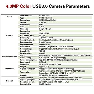 HTENG VISHI High Speed USB3.0 Color 4.0MP 1" Industrial Camera Machine Vision Global Shutter C-Mouth OpenCV Python SDK Area Scan Camera 2048X2048 88FPS Indoor