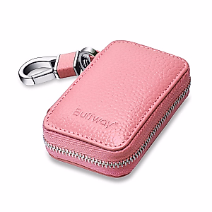 Buffway Car Key Cover,Genuine Leather Car Smart Key Chain Coin Holder Metal Hook and Keyring Wallet Zipper Bag for Auto Remote Key Fob - Pink