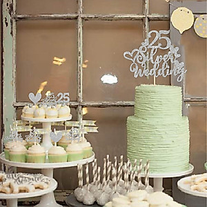 25 PCS 25th Anniversary Cupcake Toppers with 25 Silver Wedding Cake Topper Glitter Heart 25th Wedding Anniversary Cupcake Picks for Happy 25th Wedding Anniversary Party Cake Decorations Supplies