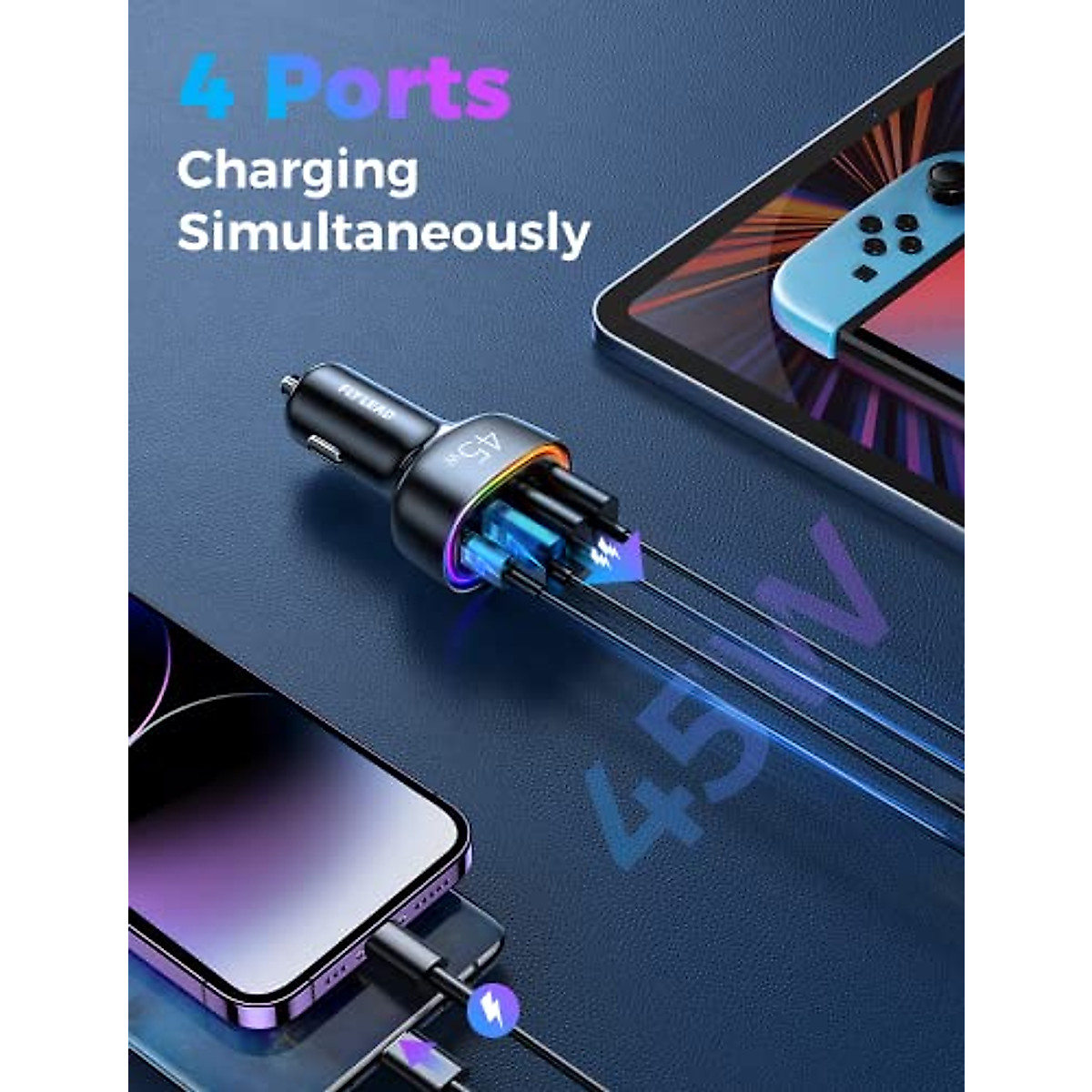 USB C Car Charger, 45W 4 Ports Super Fast Car Charger Adapter, PD3.0 & QC3.0 30W Type C Car Charger Compatible with iPhone 14 Pro Max/Pro/Samsung Galaxy 22/Google Pixel, Cigarette Lighter USB Charger