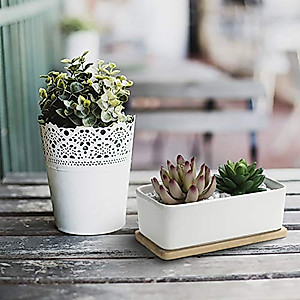 OAMCEG 2 Pack Succulent Plant Pots 6 Inch Rectangular Ceramic Planters, Set of 2 White Cactus Container, Bonsai Pots, Flower Pots with Drainage Hole & Bamboo Tray (Plants NOT Included)