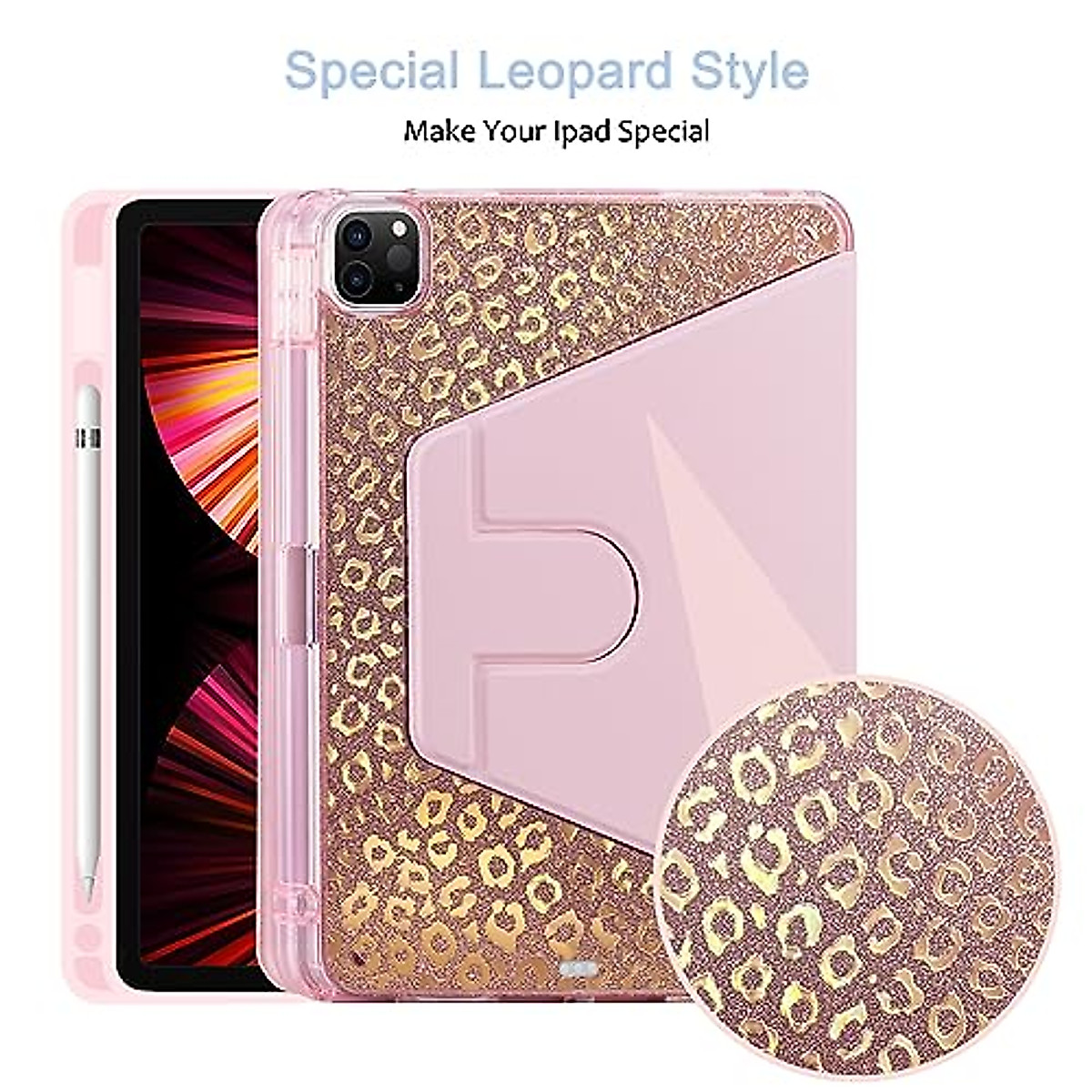 SoFunMoky for iPad Pro 6th/ 5th/ 4th/ 3rd Gen Case 12.9 Inch Cover with Pencil Holder 360 Degree Rotating Stand Glitter Shining Gold Leopard Cheetah Full Protective Auto Wake Sleep Bling, Pink