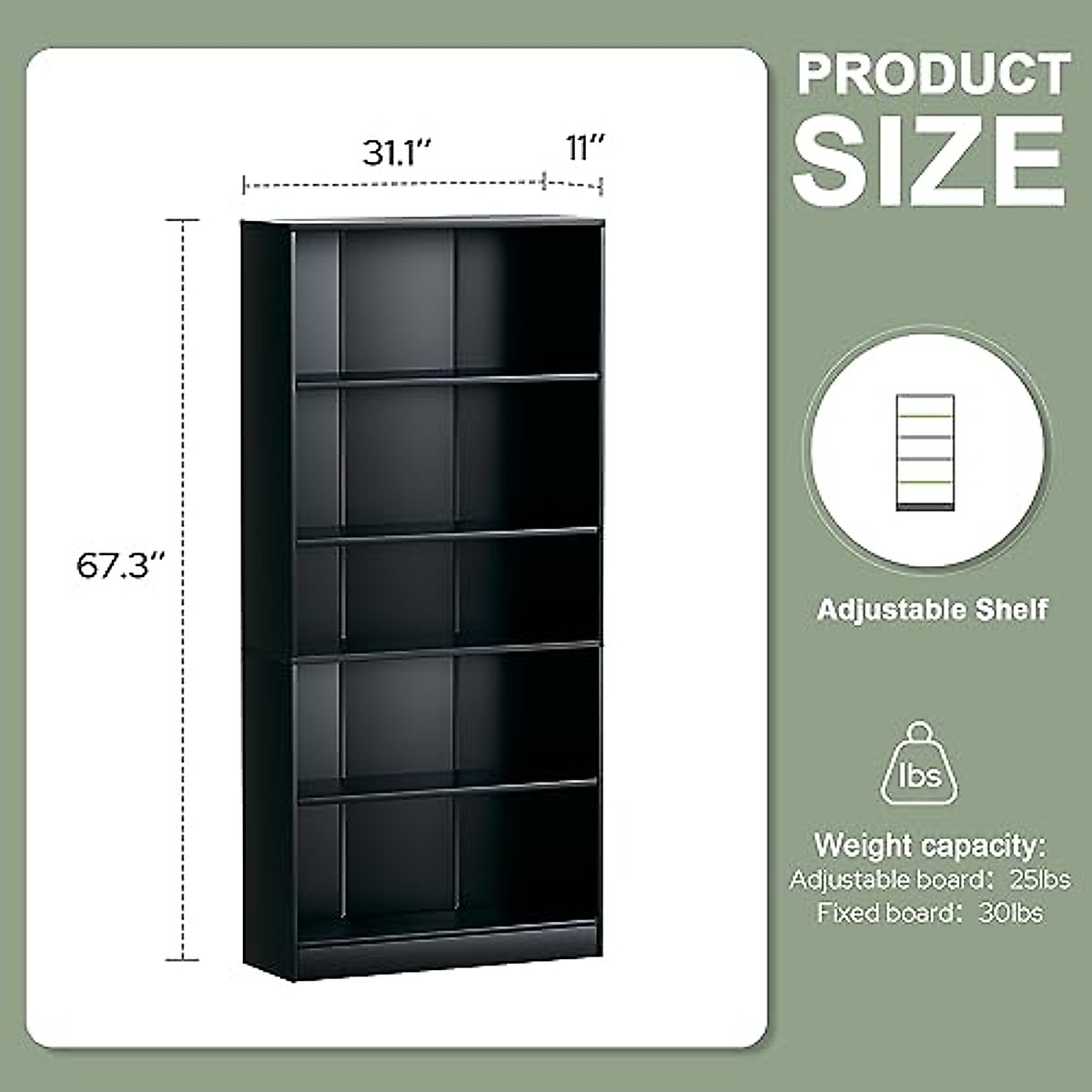 VICLLAX 5-Shelf Wood Bookcase, Wide Adjustable Open Bookshelf, Tall Display Storage Shelf for Living Room, Bedroom, Kids Room, Office, Black