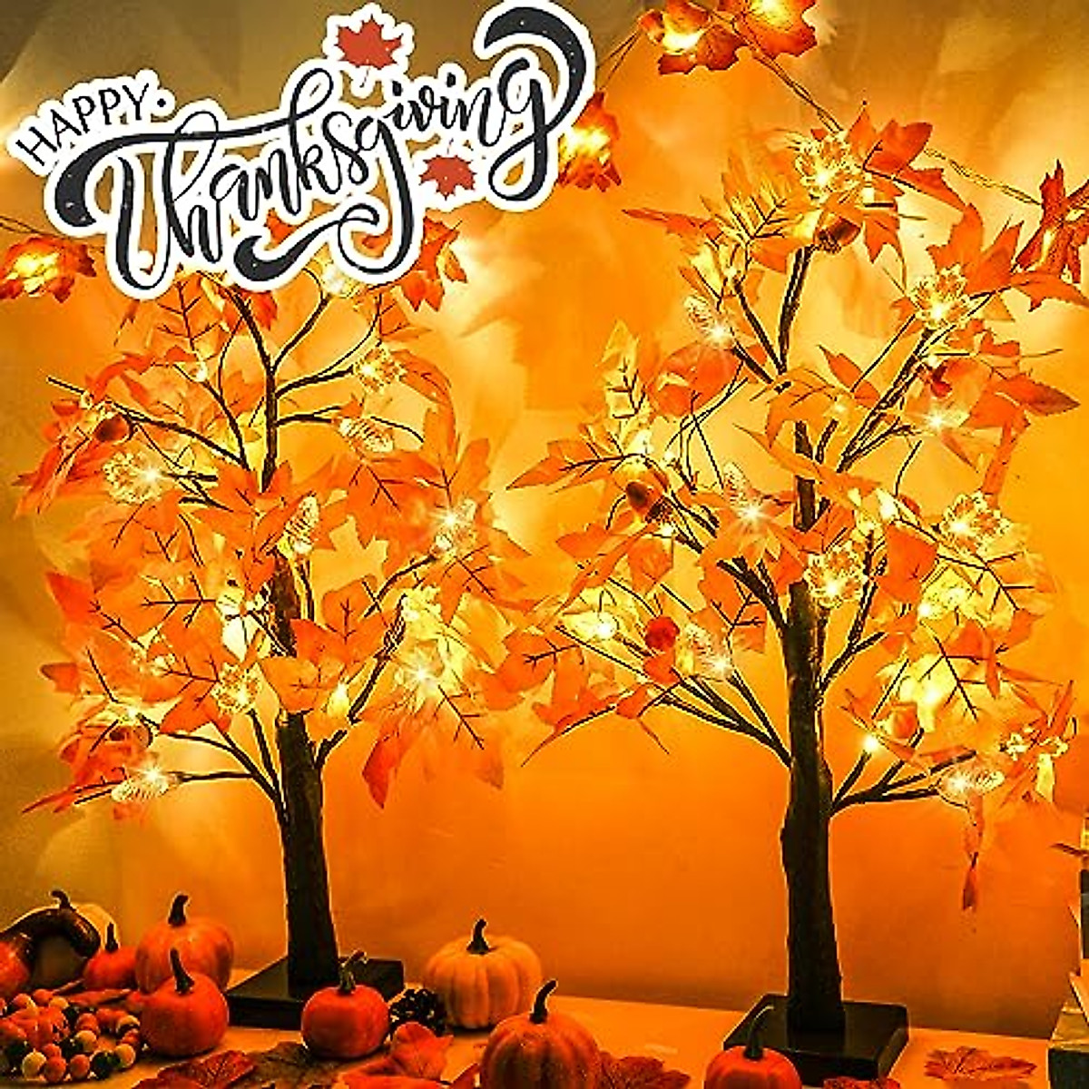 [ 2 Pack & Timer ] 24 Inch Lighted Maple Tree Fall Decorations with 48 LEDs Timer Battery Operated Artificial Autumn Tabletop Tree for Thanksgiving Harvest Indoor Home Decor