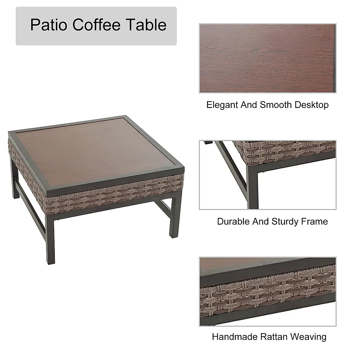 LOKATSE HOME Outdoor Patio Dining Square Bistro Coffee Side Slatted Metal Steel Wicker Frame Aluminum Plastic Plate Furniture End Table for Garden Lawn Poolside, Grey