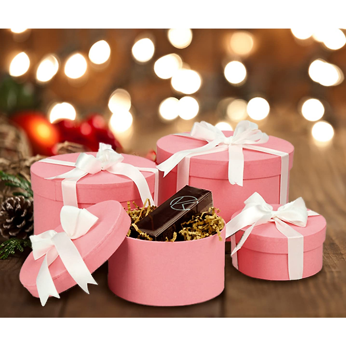 Bengnkes Round Gift Box Black Gift Boxes with Lids for Presents 4 Packs Luxury Nesting Gift Boxes Small with 17ft Ribbon for Bridesmaid Valentines Mother's day Graduation