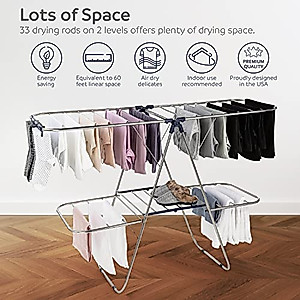 Foldable Premium Clothes Drying Rack, Large 2- Layer Stainless Steel Drying Rack for Sheets, Towels & Clothing Including 33 Hanging Rails, Height Adjustable and 32 Clips for Socks & Underwear - Blue