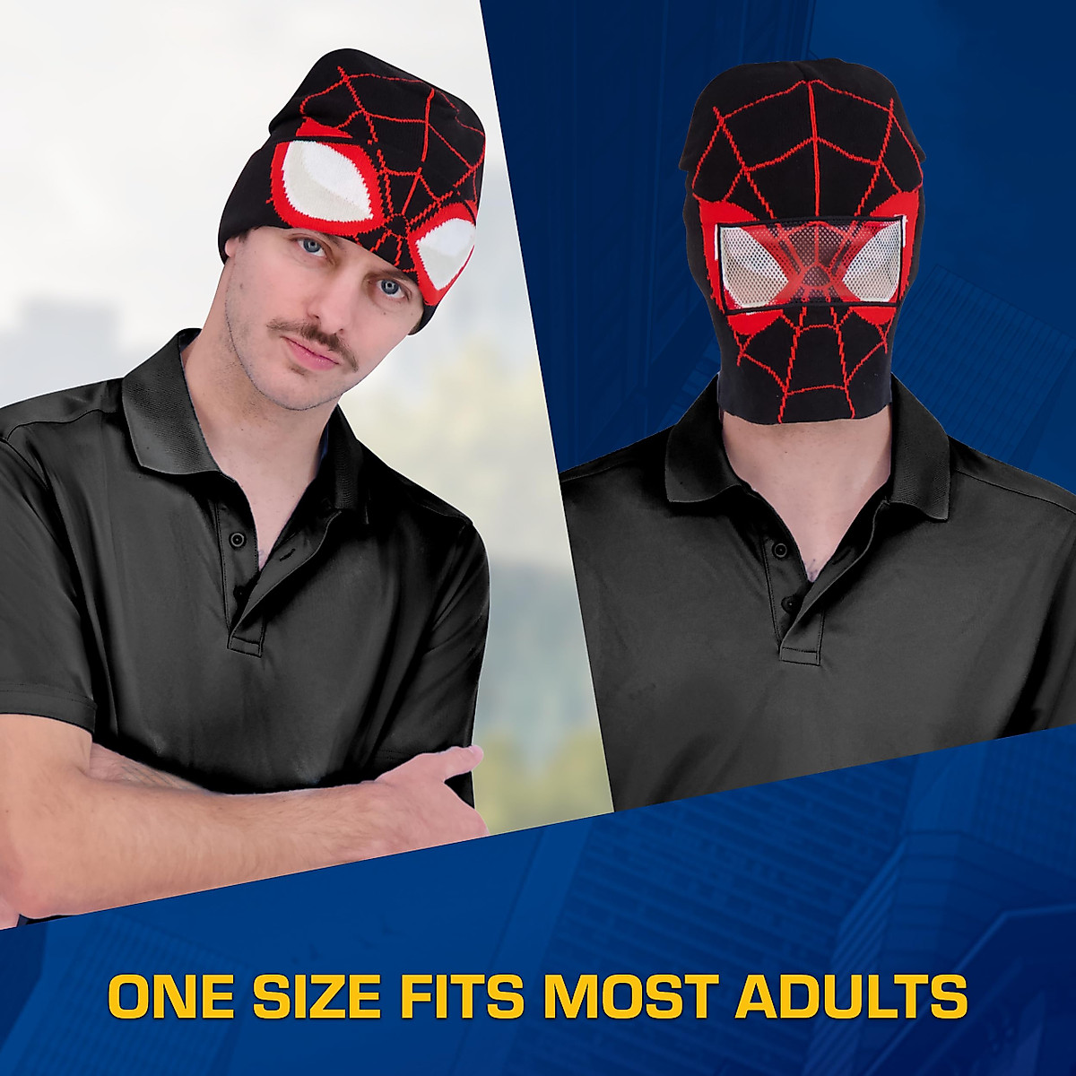 Marvel Spider-Man Miles Morales Roll Down Cuff Beanie Hat, Knitted Winter Skull Cap, Black/Red, One Size