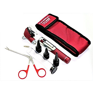 Premium Student Home Use Led Bright Light ENT Diagnostic Otoscope Pocket Size Burgundy Plus Alligator Ear Nose Forceps Plus 1 Extra Replacement Bulb Cynamed
