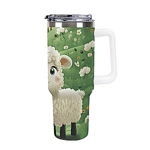 LLUTSNTH 40 Oz Vacuum Tumbler with White Handle Leakproof Insulated Tumbler Cute Cartoon Sheep Stainless Steel Travel Mug with Lid And Straw Coffee Cup Cute Water Bottles Cup Holder Friendly