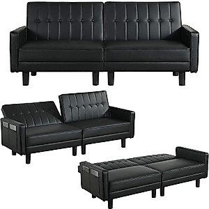 OQQOEE Futon Sofa Bed Modern Faux Leather Upholstered Convertible Folding Lounge Couch- Loveseat Sofa Sleeper with Adjustable Backrest and Side Pockets for Compact Living Space (Black)