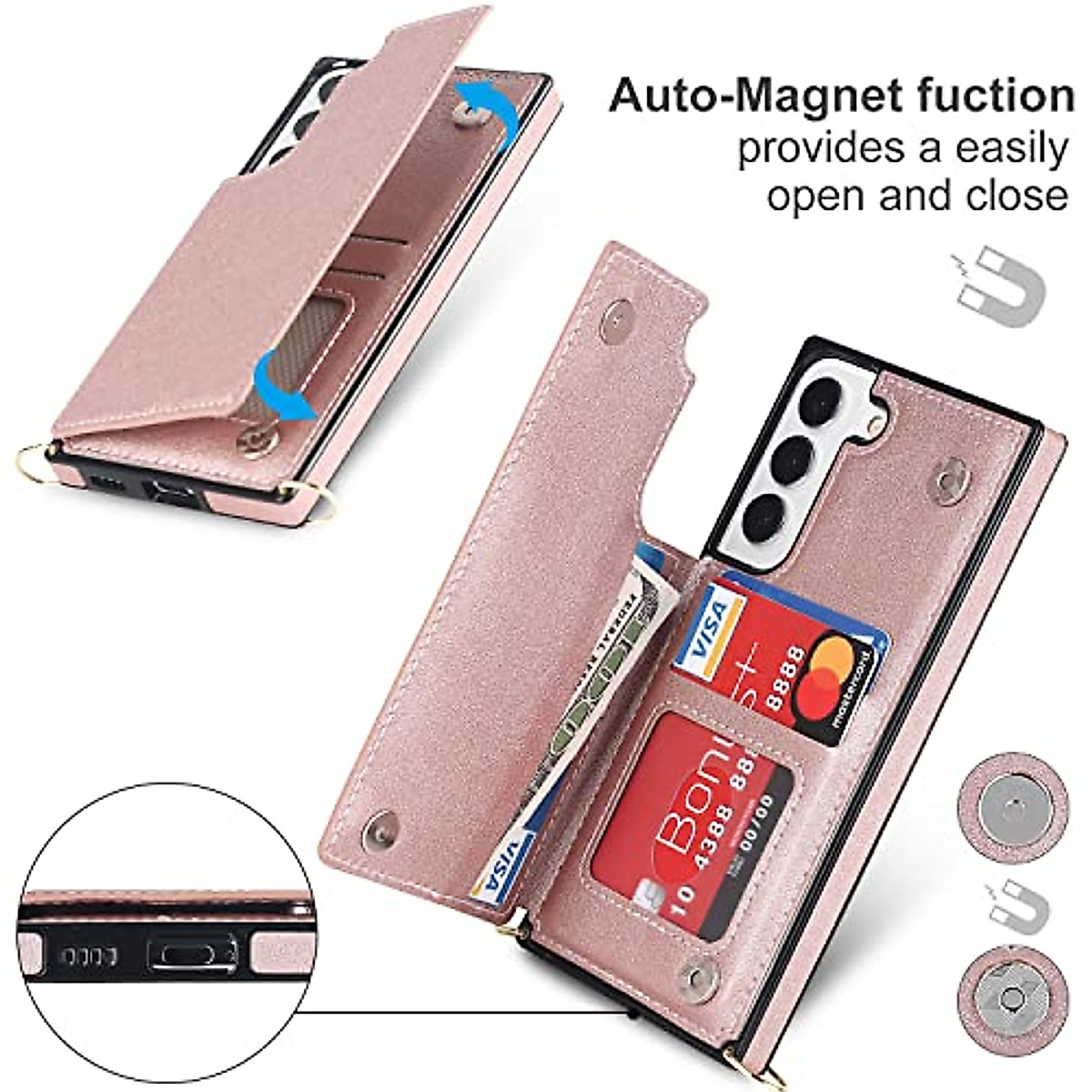 DEFBSC Compatible with Samsung Galaxy S22 Case, Crossbody Wallet Case, Adjustable Detachable Lanyard Neck Strap with Kickstand Leather Card Holder Protective Cover-Rose Gold