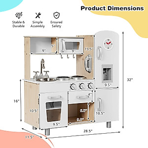 KOTEK Play Kitchen Set for Kids, Wooden Toddler Kitchen Playset with Water Dispenser w/Lights Sounds, Stove, Oven, Fridge, Microwave & Sink, Chef Pretend Play Toy Gift for Girls Boys Age 3+ (White)