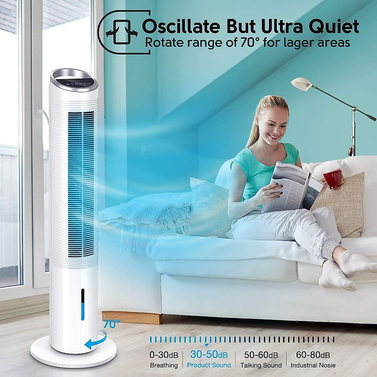 Air Choice Evaporative Cooler, 40" Portable Tower Fan with 70° Oscillating for Big Space, 3 Speeds & Modes, 8H Timer, 2 Ice Packs, Removable Water Tank, Portable Swamp Cooler with LCD Panel & Remote