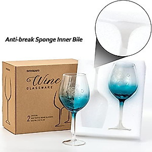 Hand Blown Wine Glasses for Red / White Wine, Set of 2 Turtle Burgundy Glasses, Gifts for Turtle Lovers Mother's Day, Teal Crackle Lead-Free Stemmed Glassware for Anniversary Wedding Birthday 19 Oz