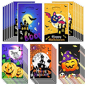100 Pieces Halloween Plastic Bags Candy Bags Trick or Treat Bags Jack O Lantern Pumpkin Treat Bags Goody Bags Favor Bags in 5 Designs for Halloween Party Favor