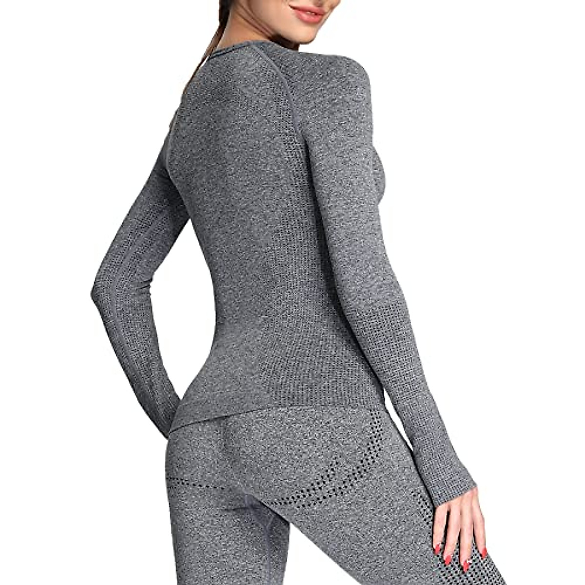 Aoxjox Workout Long Sleeve Shirts for Women Fall Workout Shirts Gym Yoga Running Seamless Tee T-Shirt Tops(Charcoal Grey Marl, Medium)