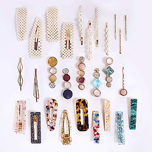 28 PCS Hingwah Pearls and Acrylic Resin Hair Clips, Handmade Hair Barrettes, Marble Alligator bobby pins, Glitter Crystal Geometric Hairpin, Elegant Gold Hair Accessories, Gifts for Women Girls